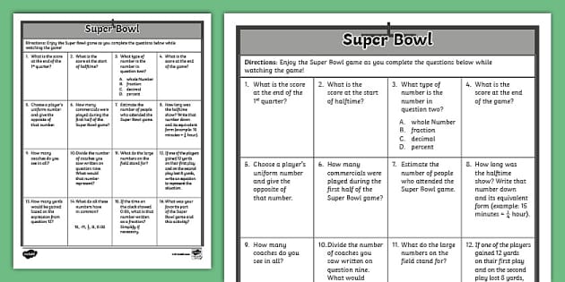 Super Bowl Activity Sheet for 6th-8th Grade (teacher made)