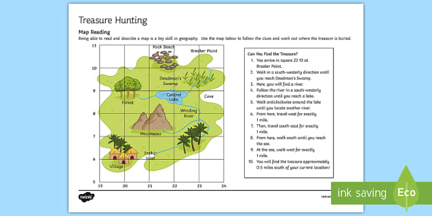 Treasure Hunt Worksheet / Activity Sheet - map, read, skill, geography