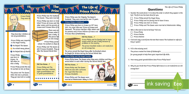 KS1 The Life of Prince Philip Differentiated Reading Comprehension Activity