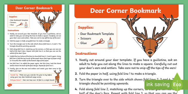 Page Corner Deer Bookmark Craft | Bookmarks | Crafts | KS1