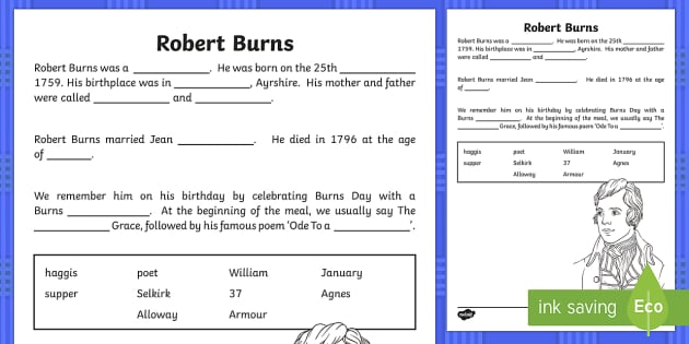 Robert Burns Missing Words Worksheet / Worksheet