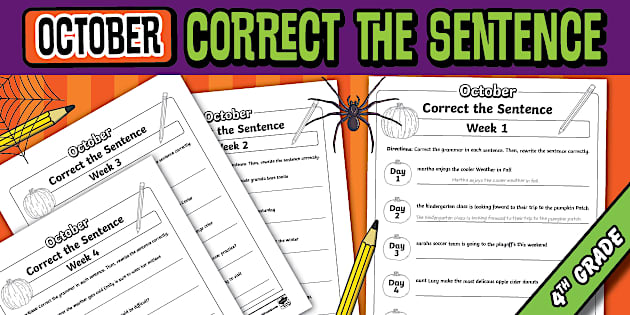 Fourth Grade October Daily Correct the Sentence Grammar