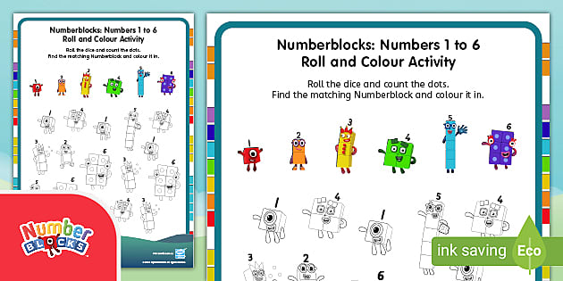 Numberblocks: Numbers 1 to 6 Roll and Colour Worksheet