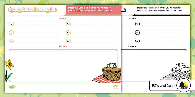 Kindergarten Spring Picnic Packing Writing Center Worksheet