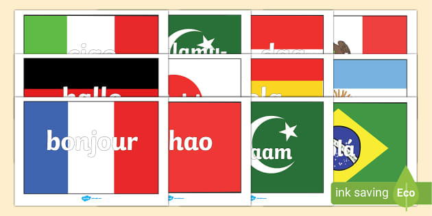 Hello on A4 Flags Languages (Hecho por educadores) - Twinkl