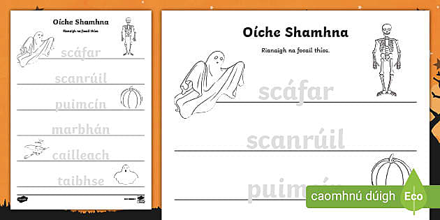 Halloween Aistear Trace the Words Worksheet Gaeilge - Twinkl