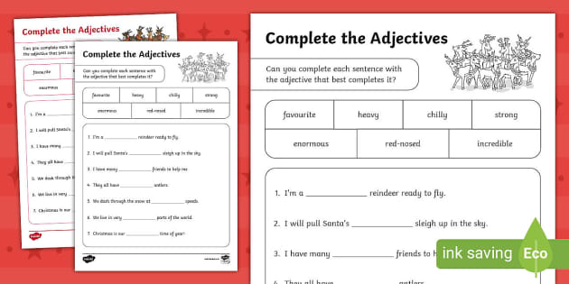 Reindeer Adjectives Missing Word Sentences Worksheet