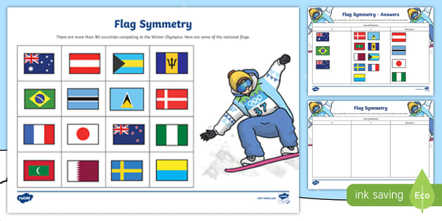 KS1 Winter Olympics Country Flag Symmetry Sorting Activity