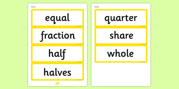 Year 1 2014 National Curriculum Fractions Vocabulary Cards