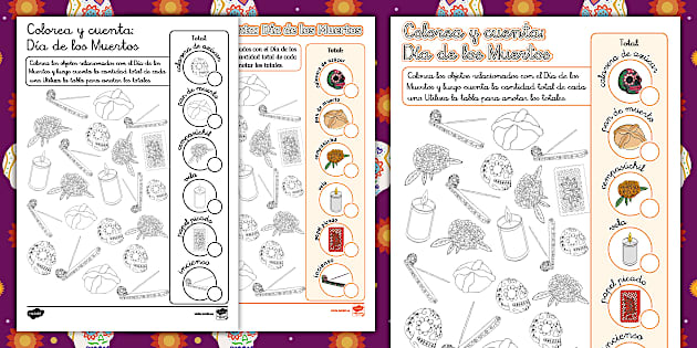Ficha de actividad: Colorea y cuenta - Día de los Muertos