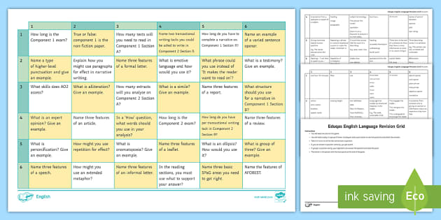 GCSE Revision Grid Game Activity to Support Teaching On Eduqas English