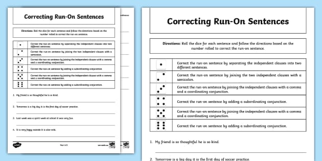 Fourth Grade Correcting Run-On Sentences Dice Activity Fourth Grade Correcting Run-On Sentences Dice Activity