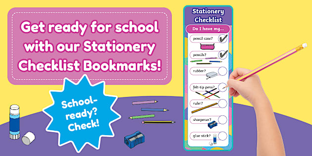 Stationery Checklist Bookmarks - Twinkl