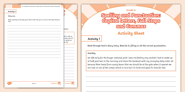 Gr 4: Capital Letters, Full Stops and Commas: Activity Sheet
