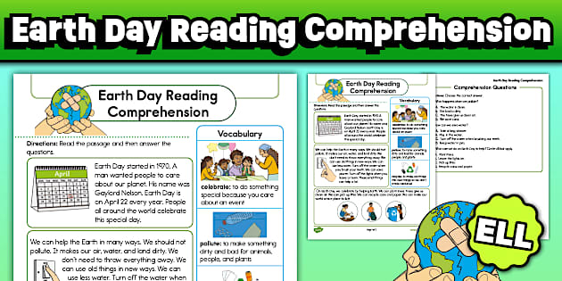 Earth Day Reading Passage Comprehension Worksheet for ELL