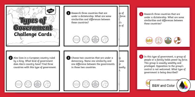 Types of Government Challenge Cards for 6th-8th Grade