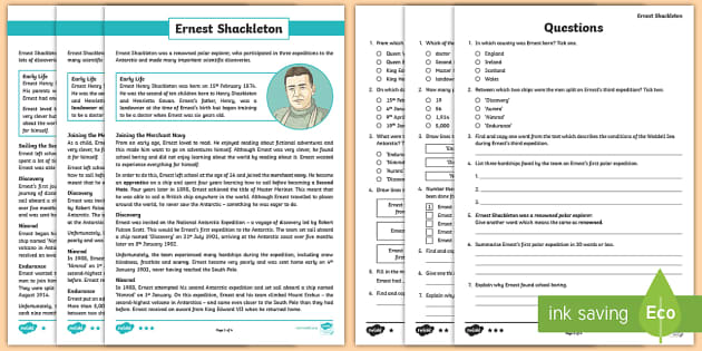 LKS2 Ernest Shackleton Differentiated Reading Comprehension Activity
