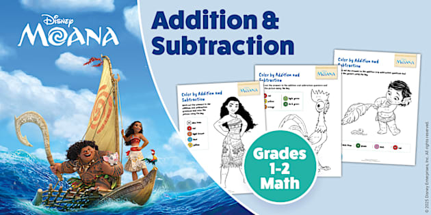 Moana:Color by Addition and Subtraction Within 20 Worksheets