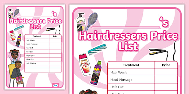 Hairdressers Role Play Price List Writing Sheet - Twinkl