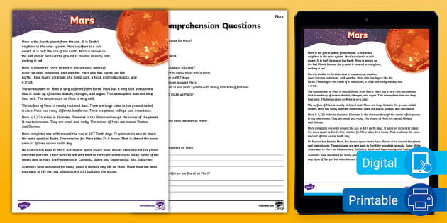 Third Grade Mars Reading Comprehension Activity - Twinkl