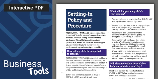 Settling-In Policy and Procedure for Private Early Years Settings