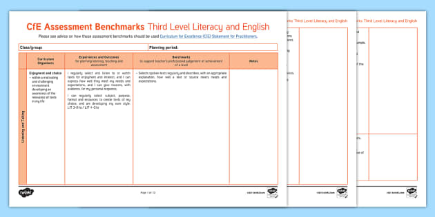 CfE Benchmarks Third Level Literacy and English Assessment Tracker-Scottish