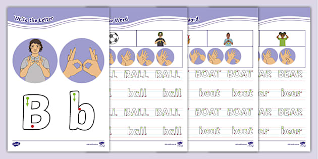 Words Starting with B Handwriting Worksheets with Auslan