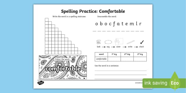 Comfortable Spelling Practice Worksheet