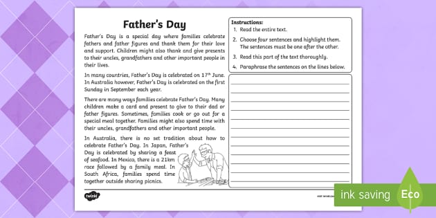 Father's Day Paraphrasing Worksheet (creat de profesori)
