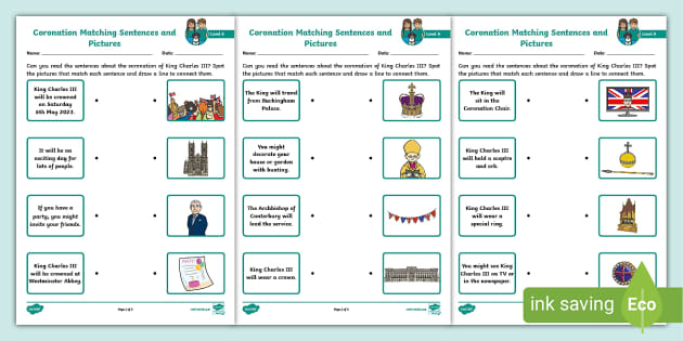 Coronation Reading and Matching Sentences to Pictures - KS1