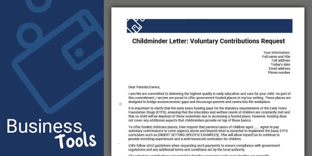 Childminder Letter: Voluntary Contributions Request - Twinkl