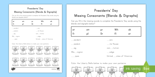 Presidents' Day Missing Consonants (Blends and Digraphs) Activity
