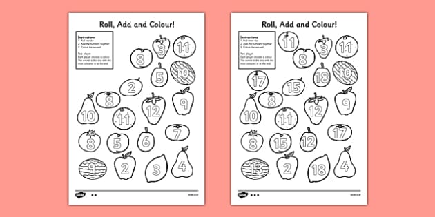Fruit Roll and Colour Three Dice Addition Activity - Twinkl