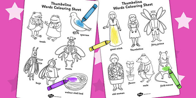 Thumbelina Words Colouring Sheets (teacher made) - Twinkl