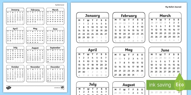 Bullet Journal Year to a Page Calendar - Bullet Journal, bujo, diary