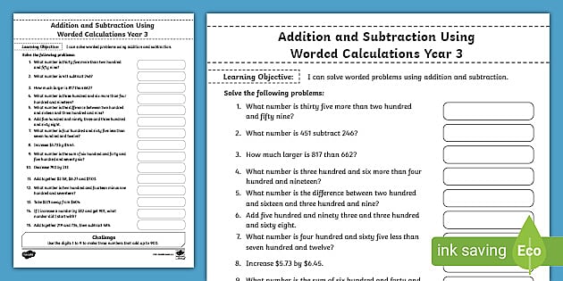 Addition and Subtraction Using Worded Calculations Year 3