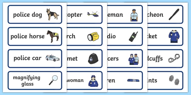 Police Word Cards Worksheets - Crime Vocabulary