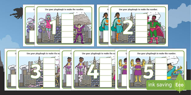 Superheroes 5-Frame Number Modelling Dough Mats | Twinkl