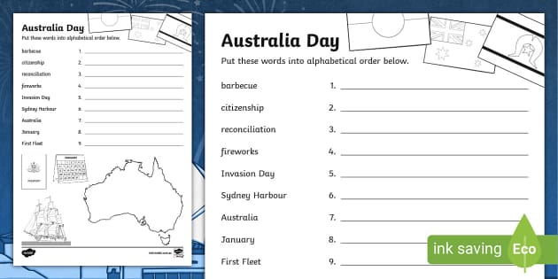 Australia Day Alphabet Ordering Worksheet - F-4 - Topics
