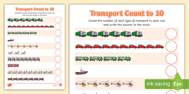 Transport Count to 10 Worksheet (teacher made) - Twinkl