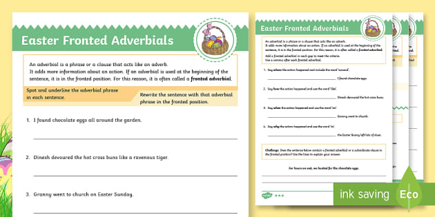KS2 Easter Fronted Adverbials Worksheets (teacher made)