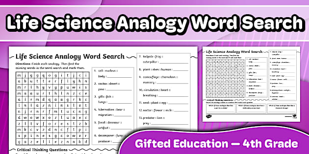 Life Science Analogy Word Search for Gifted Education | Fourth Grade