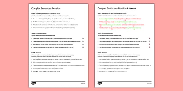 Complex Sentences Revision Worksheet / Activity Sheet - compound