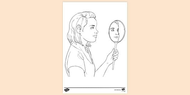 Young Girl Looking at Mirror Colouring Sheet | Colouring