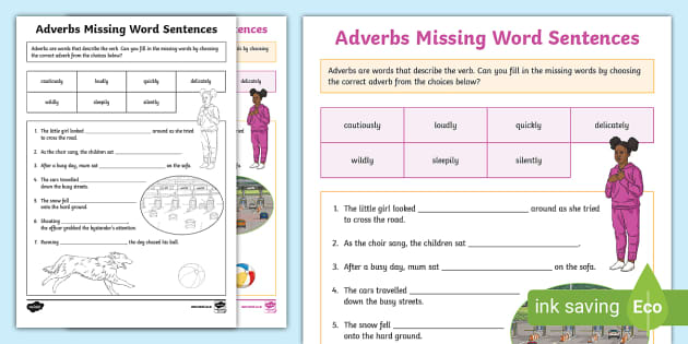 Adverbs Missing Word Sentences Worksheet
