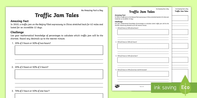 Percentages Traffic Jam Tales Worksheet / Worksheet - Twinkl