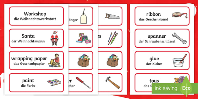Santa's Workshop Role Play Word Cards English/German