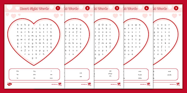 Sight Words Heart Word Search Set
