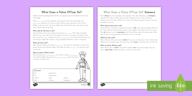 Second Grade What Does a Police Officer Do? Cloze Reading Worksheet