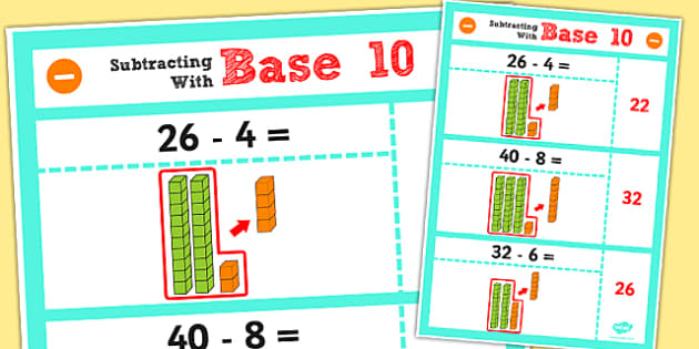 Year 2 Subtract 2 Digit Numbers and Tens Using Base 10 Poster